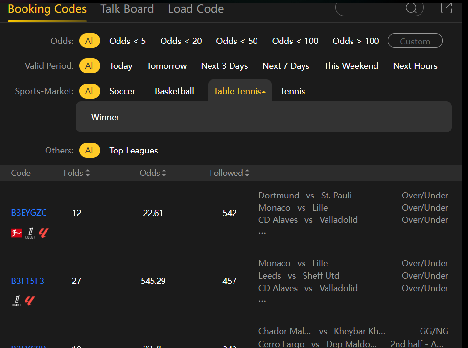 How to filter booking codes for Table Tennis via the desktop – MSport
